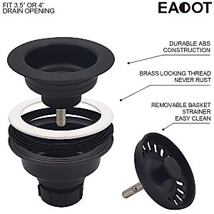 EADOT 3-1/2 Inch Polymer Black Kitchen Sink Drain Assembly with Basket Strainer and Stopper, Kitchen Drain Basket Strainer for Granite/Fireclay Kitchen Sinks