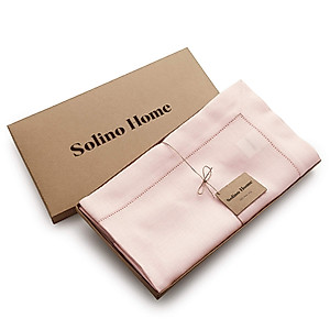 Solino Home Pink Linen Tablecloth 60 x 120 Inch – 100% Pure Linen Classic Hemstitch Tablecloth – Machine Washable Dining Tablecloth for Summer