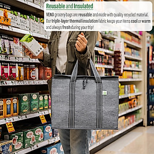 VENO 2 Pack Cooler Bag and Insulated Grocery Bags for Food Delivery, Collapsible Cooler. Reusable Shopping Bags for groceries with Hard Bottom, Zippered Top, Foldable, Heavy-Duty (Gray, 2 Pack)