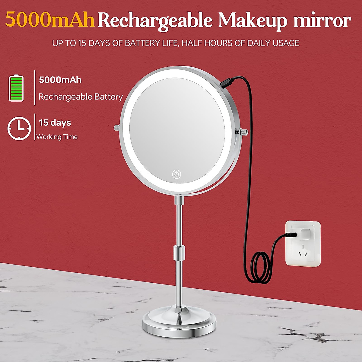 mumianshu Makeup Mirror with Lights and Magnification 10X/1X, 360° Swivel Double Sided Rechargeable LED 9" Cosmetic Mirror, 3 Color Dimmable Lights & Height Adjustable Vanity Mirror Chrome