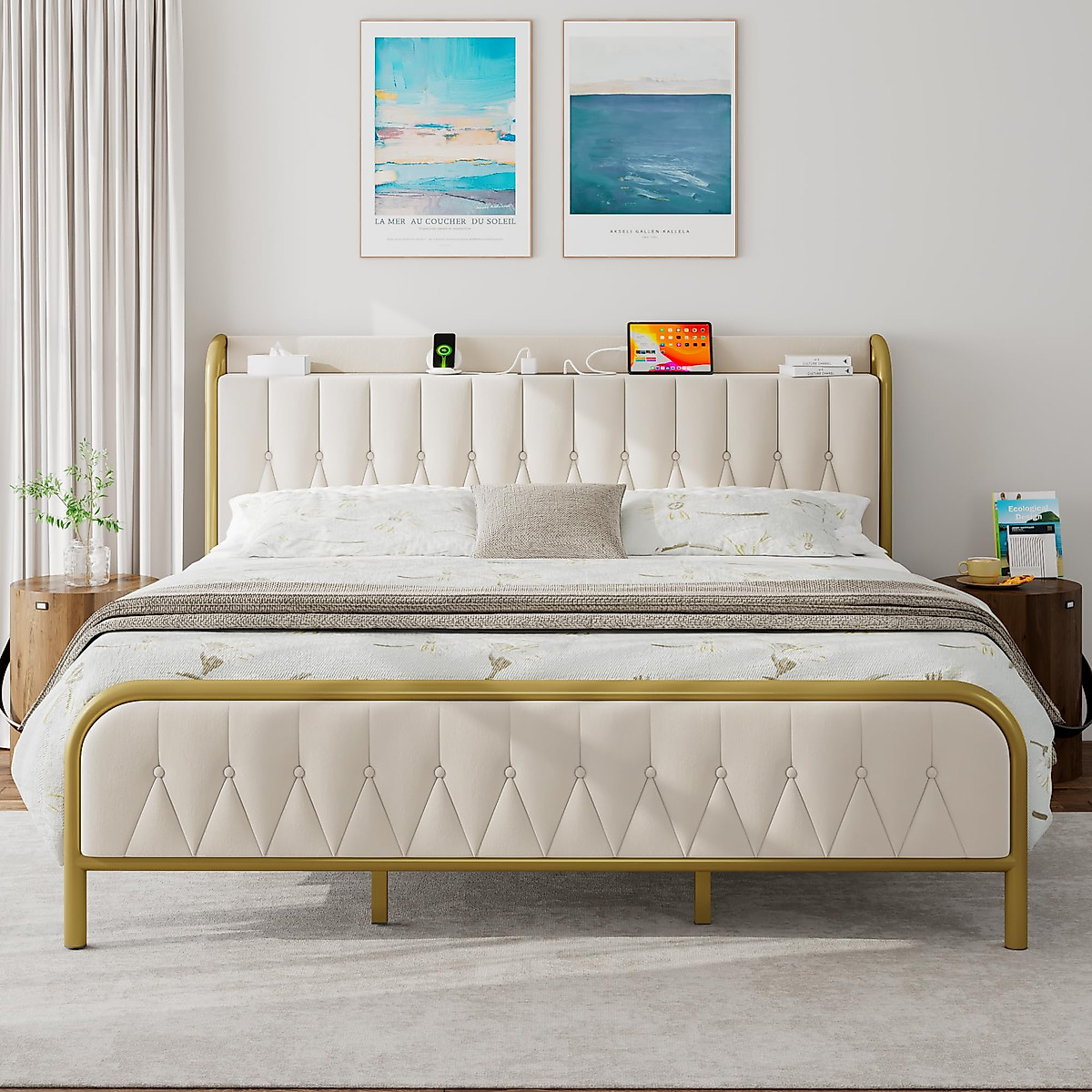 iPormis King Size Metal Bed Frame with Charging Station, Velvet Headboard and Footboard, Heavy Duty Steel Support, 12" Under Bed Storage, No Box Spring Needed, Easy Assembly,Beige&Gold