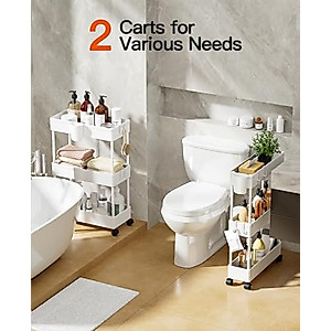 Pipishell Bathroom Cart, 2 Pack Slim Storage Cart Organizer with Hanging Cups & Hooks, Rolling for Bathroom, Laundry Room, Kitchen, Set of 2, PIUC07WK2