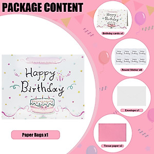 Oletx 13" Large Happy Birthday Pink Paper Bags,Pink Gift Party Favor Bags with Tissue Paper Birthday Card for Girls Women' Party,Baby Shower