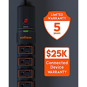 ECHOGEAR VoltSpin Surge Protector Power Strip with Rotating Outlets, Flat Plug, Long Cord, & Mounting Holes - Power Strip with Heavy Duty Surge Supression Plus Built-in Cable Management