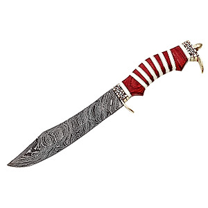 Damascus Steel Hunting Knife - Fixed Blade Knives with Sheath - Handle Combination of Walnut Wood and Camel Bone with Brass Spacer (RW)