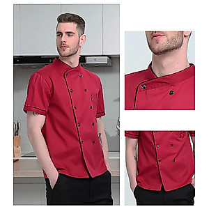 XINFU Unisex Chef Coat Short Sleeve Thin & Comfortable Kitchen Chef Uniform for Men Women, Red A, US:L(Label:3XL)