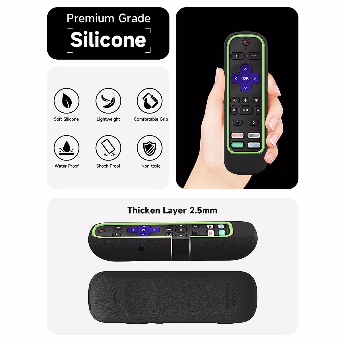 SIKAI Protective Case for ROKU Voice Remote Pro, for Roku Ultra 2020/2019 Remote, Shockproof Silicone Cover for Roku Ultra 4800R 4670R RCS01R Voice Remote Pro Anti-Lost with Loop (Black-Glow Green)