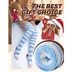 MOGGEI Womens Thigh High Fuzzy Socks Over Knee High Striped Stocking Stuffers Fluffy Cozy Slipper Fleece Gift Socks 2 Pairs (Blue & White Striped)