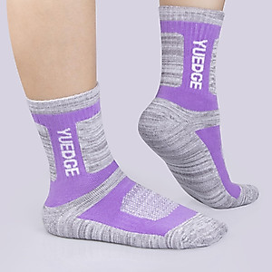 YUEDGE Women's Outdoor Hiking Socks Moisture Wicking Cotton Cushioned Crew Athletic Socks Padded Boot Socks For Women Size 6-9, Mulitcolor, 5 Pairs