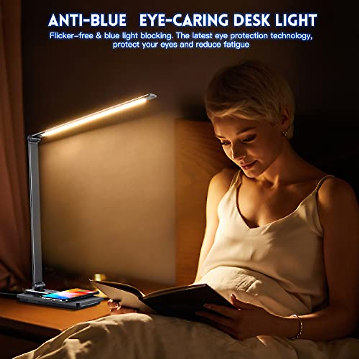 JOSTIC Led Desk lamp with Fast Wireless Charger, Night Lighting, USB Charging Port, 10 Brightness 5 Color, Natural Light Eye Caring Reading Lamp, Desk Light for Home Office, Bedside Table Lamp, Black