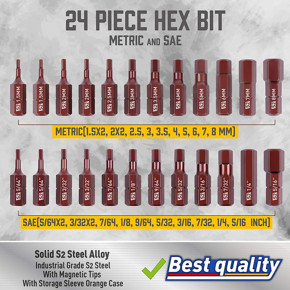 Amartisan 24-Piece Hex Head Allen Wrench Drill Bit Set, Metric and SAE S2 Steel Hex Bits Set, 1" Long