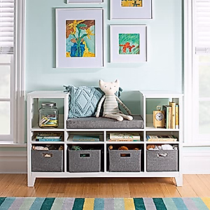 MARTHA STEWART Living and Learning Kids' Reading Nook - Creamy White: Wooden Storage Bench Bookshelf Organizer with Seat Cushion, and Fabric Bins for Toys, Books, Art - Bedroom or Playroom Cubby