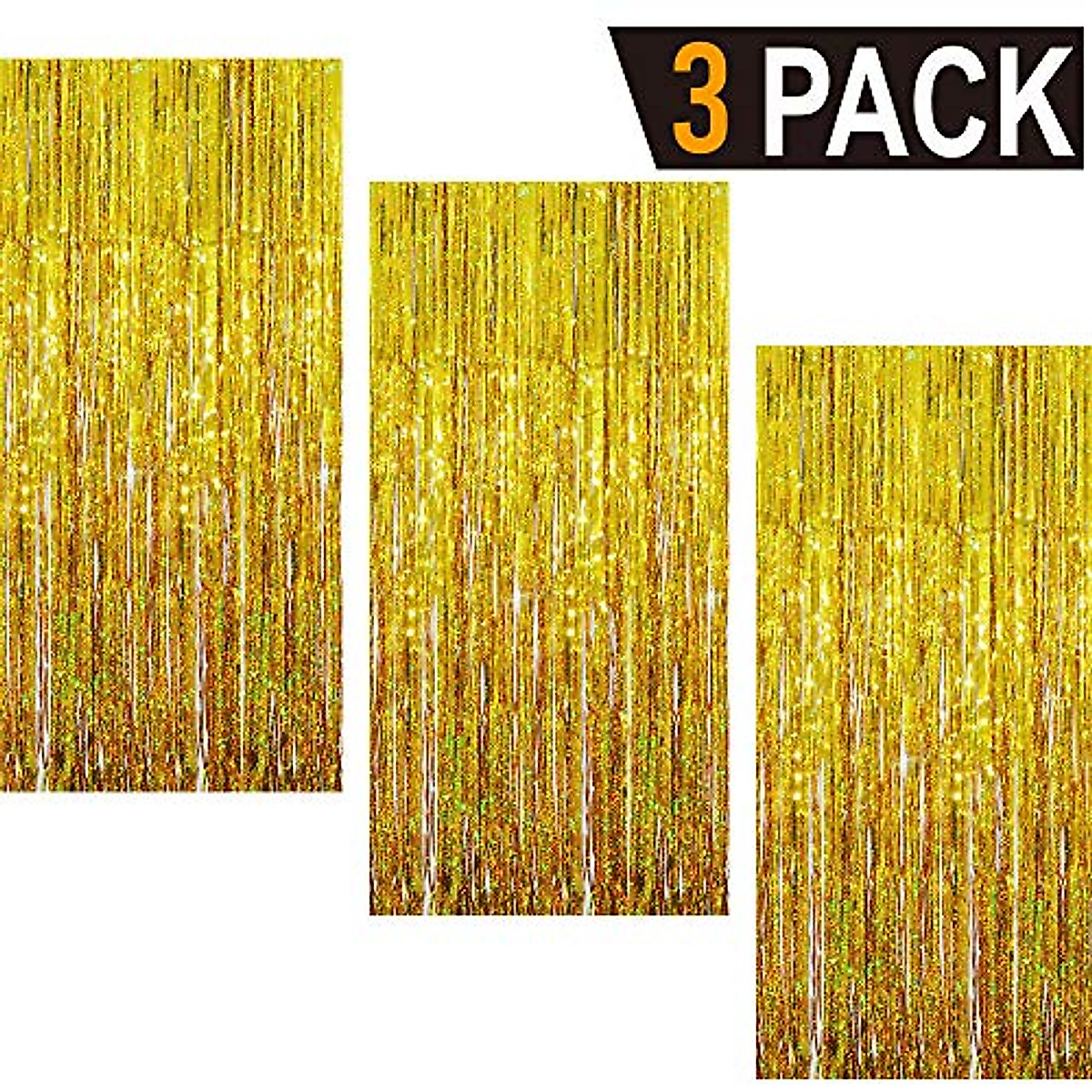 GOER 3.2 ft x 9.8 ft Metallic Tinsel Foil Fringe Curtains Party Photo Backdrop Party Streamers for Birthday,Graduation,New Year Eve Decorations Wedding Decor (Gold,3 pcs)