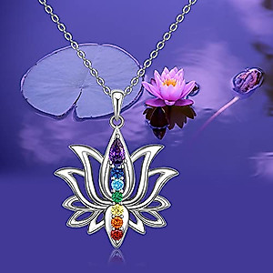 Jewlikee 7 Chakra Necklace Sterling Silver Yoga Lotus Pendant Chakra Stone Bar Necklaces for Women Energy Balance