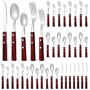 40 Pcs Wooden Handle Silverware Cutlery Set Walnut Handle 18/8 (304) Stainless Steel Cutlery Set Wooden Handle Knife Fork Spoon Reusable Utensils Serves for 8 (Mahogany Color)