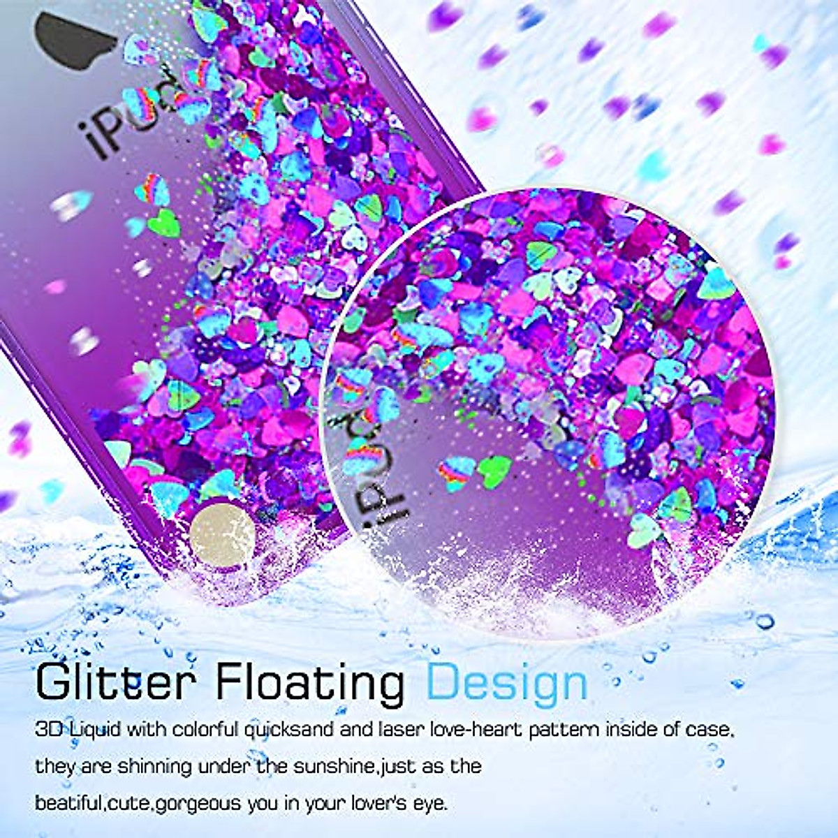 iPod Touch 7th Generation Case, iPod Touch Case 7th/ 6th/ 5th with [2 Pack] Screen Protector for Girls Kids, LeYi Glitter Bling Liquid Cute TPU Clear Phone Case for iPod Touch 7 6 5 (Teal/Purple)