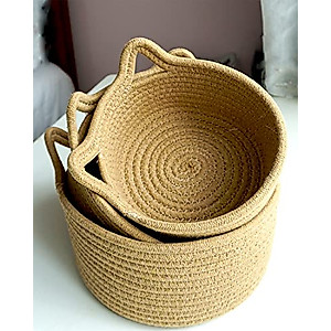 Small Woven Baskets | Mini Storage Bins | Cotton Rope Baby Nursery Organizers | Cute Round Cat Ears Basket for Organizing Desk Decor Kids Toy Dog Cat Baby Girls Gifts-Set of 3(Beige)