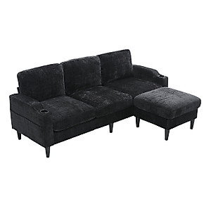 OUYESSIR 77.4" Chenille L Shaped Sectional Sofa Couch, 3 Seat Sofa with Convertible Storage Ottoman and 2 Cup Holders, Modern Deep Seat Couch for Living Room Office Apartment, Black