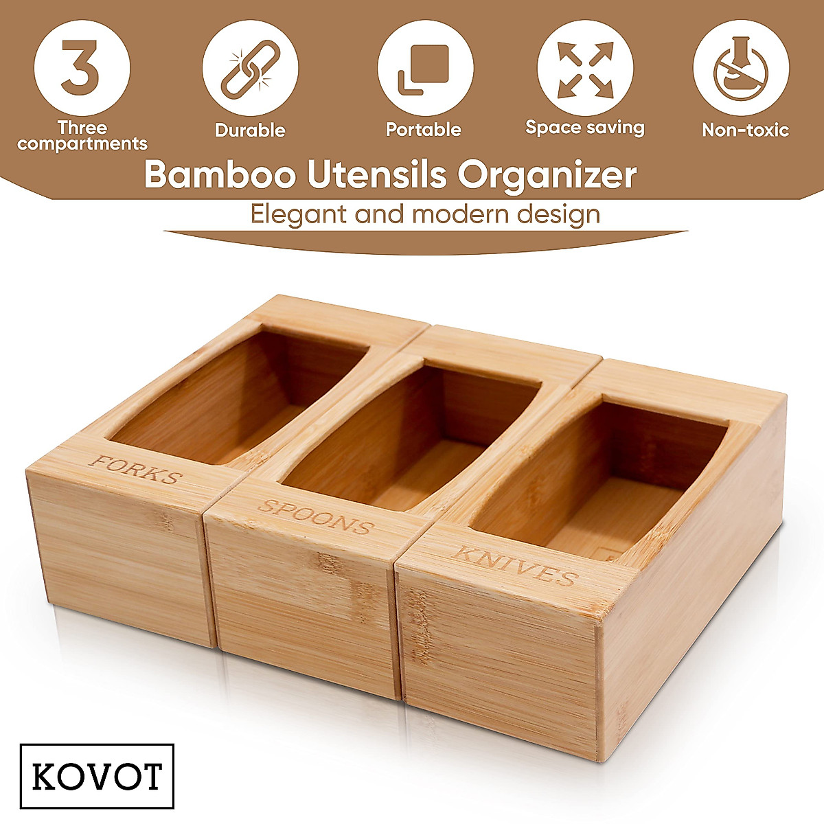 KOVOT Bamboo Utensils Organizer – Bamboo Wood Flatware Caddy – Cutlery Holder with 3 Separate Compartments – Forks, Spoons, Knives – Bamboo Organizing Box for Kitchen Counter, Drawers, Table