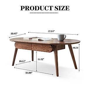 Bamskov 100% Solid Wood Coffee Table with Storage - Mid Century Modern Coffee Table - Oval Coffee Table - Simple Assembly (Walnut, 47.24")