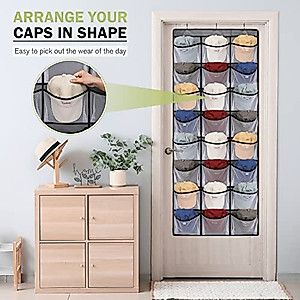 RELBRO Over the Door Hat Rack, Door Baseball Caps Hat Organizer with 24 Large Clear Elastic Mesh Pockets Hat Holder Storage Hat Display Rack with 3 Over Door Hooks - Grey
