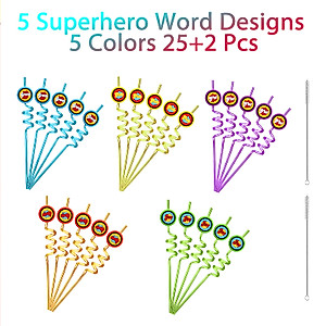 24 Superhero Word Drinking Plastic Straws 6 Designs Great for Birthday as Superhero Party Favors and Party Supplies with 2 Cleaning Brush
