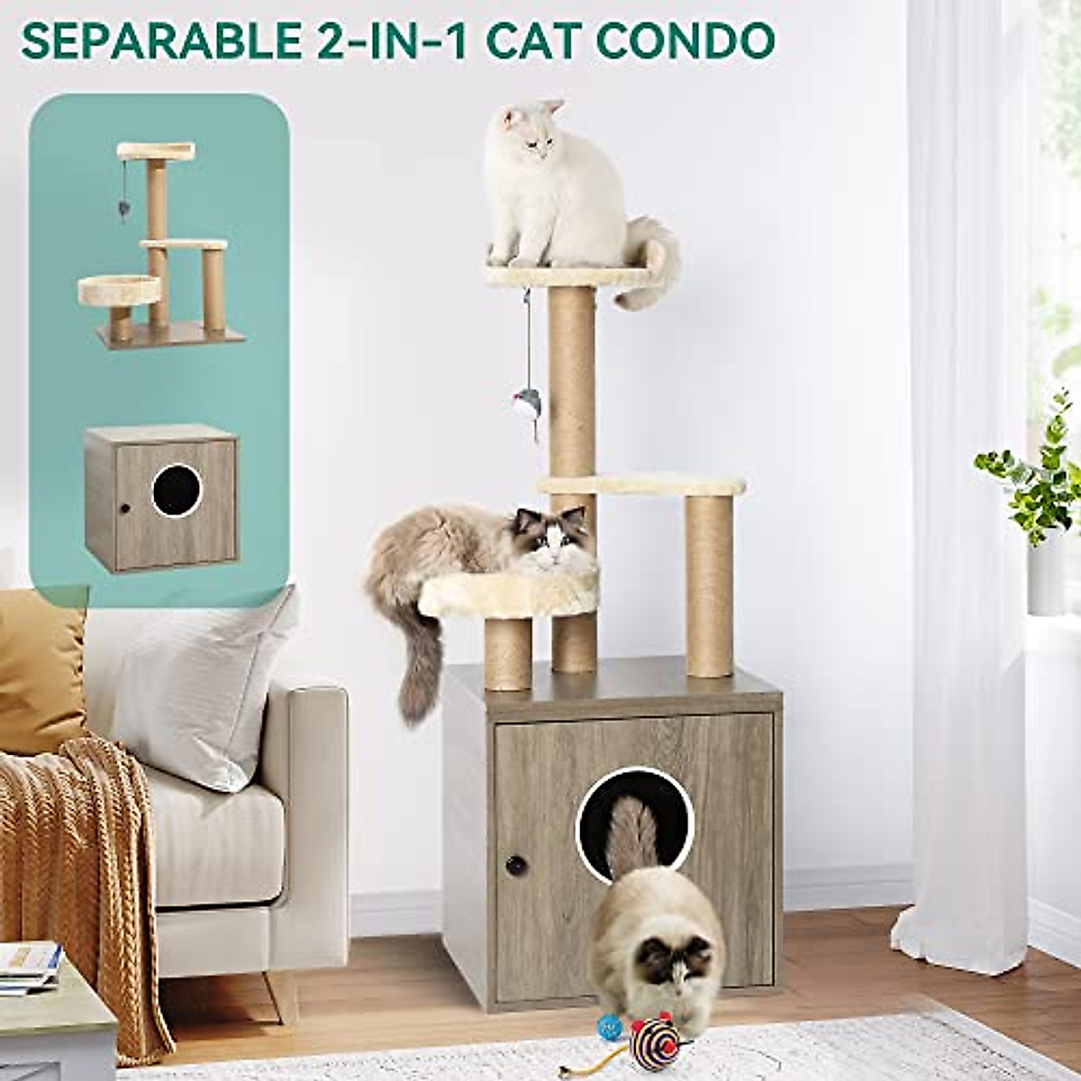 YITAHOME Litter Box Enclosure with Cat Tree, Litter Box Furniture Hidden Furniture, Mordern Cat Tower with Hammock and Scratching Post for Indoor Cats