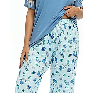 Vozanet Women's V Neck Sexy Pajama Sets Capri Sleepwear Floral Elegant Nighty 2PCS Plus Size S-3XL, Florals-Blue, XXX-Large