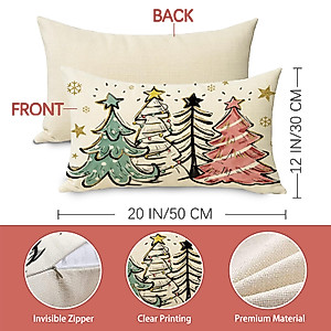 Fjfz Christmas Tree Lumbar Decorative Throw Pillow Cover 12 x 20, Rectangular Pink Green Xmas Polka Dot Stripe Snowflake Outdoor Home Decor, Golden Stars Winter Holiday Seasonal Farmhouse Cushion Case