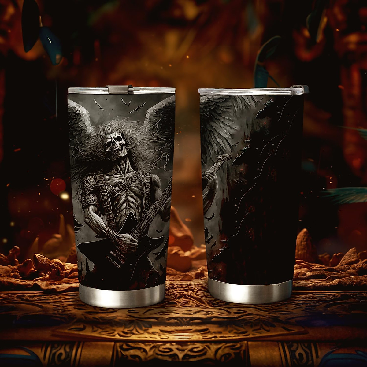 20oz Metal Rock Skull Reaper Electric Guitar Tumbler, Guitarist, Musician Gifts, Coffee Thermos for Men, Stainless Steel Double Wall Vacuum Insulated Coffee Mug, Travel Cup with Lid