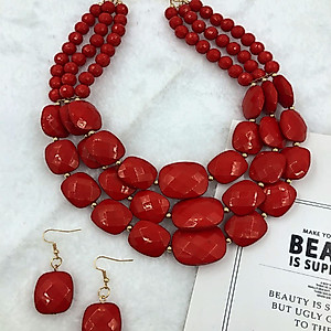 MEQNOIG 3 Layered Beaded Statement Necklaces for Women Handmade Acrylic Red Bead Necklace Boho Chunky Necklace Costume Jewelry (A Red)
