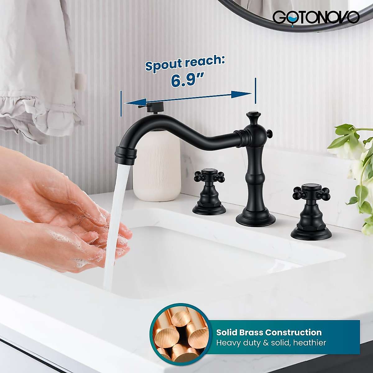 gotonovo 3 Hole Widespread Bathroom Sink Faucet Double Cross Handle Mixer Tap Faucet for Bathroom Sink Vanity Faucet Deck Mount Basin Hot Cold Water Matching Pop Up Drain Matte Black