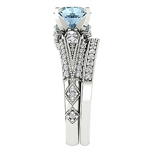 Clara Pucci 2.07ct Round Cut Pave Solitaire with Accent Natural Swiss Blue Topaz Statement Bridal Ring Band Set 14k White Gold 8.5