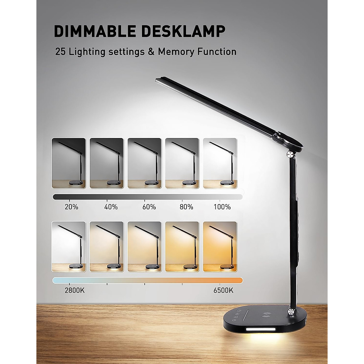 LED Desk Lamps for Home Office, Double Head Table Lamp with Wireless Charger, USB Charging Port, Clock, Alarm, Date, Temperature, Bedside Nightstand Light with Night Light for Bedroom Reading 14W