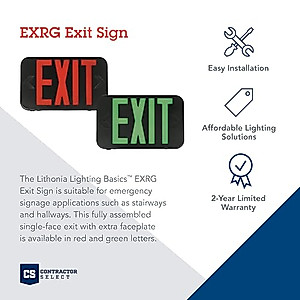 Lithonia Lighting EXRG B EL M6 LED Exit Sign with Switchable Red and Green Letters, California Certified, Nickel Metal Hydride Battery, Black
