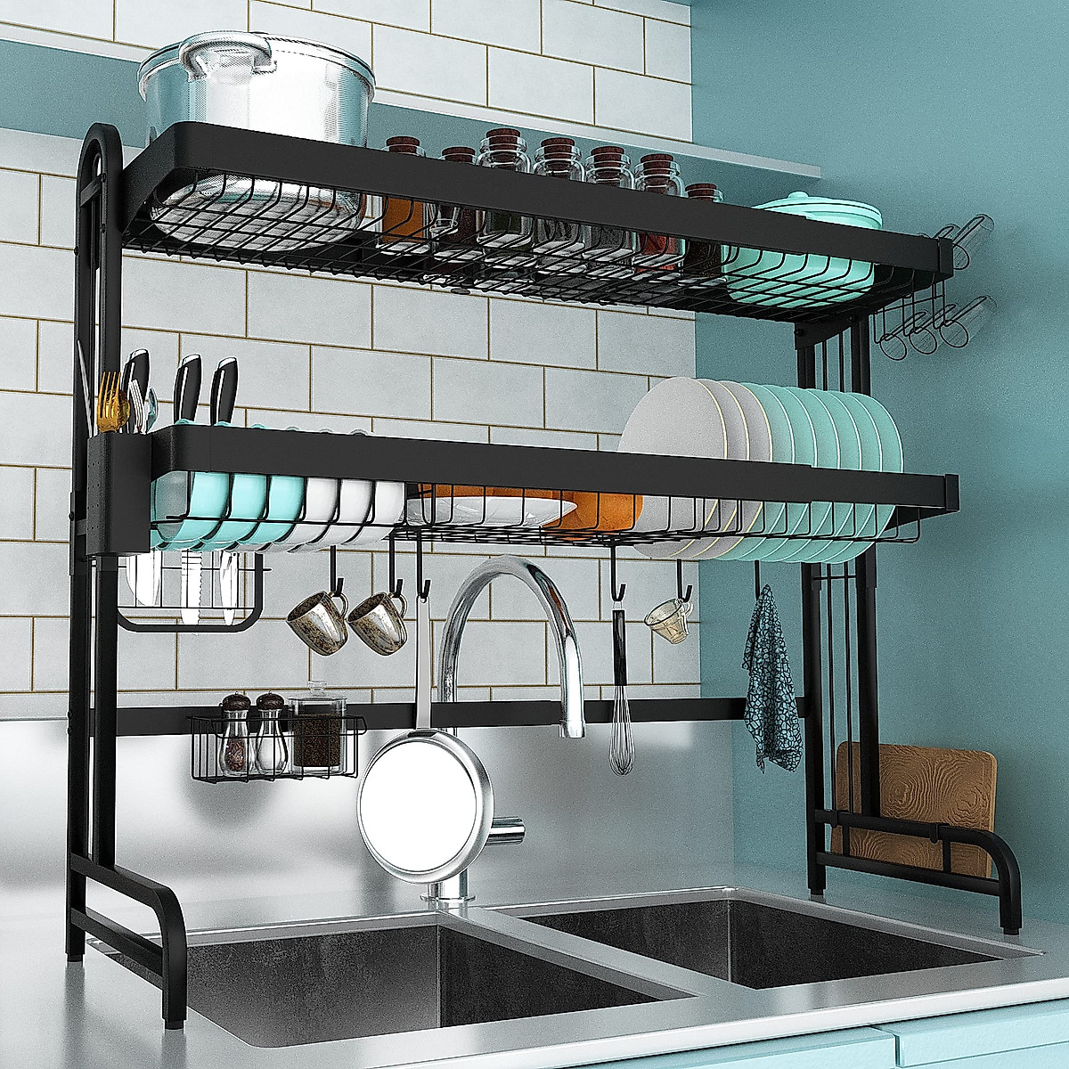 Over Sink Dish Drying Rack, Trustmade 3 Tier Full Stainless Steel Large Storage Adjustable Dish Rack (23.5''-36.6''), Expandable Kitchen Dish Drainer Shelf Rack with Hooks, Utensil Holder(Matte Black)