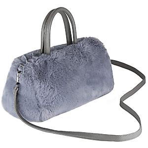 Luxe L 100% Faux Fur Bowler Bag for Women Soft Modern Top-Handle Handbag with Detachable and Adjustable Faux-Leather Strap, Grey