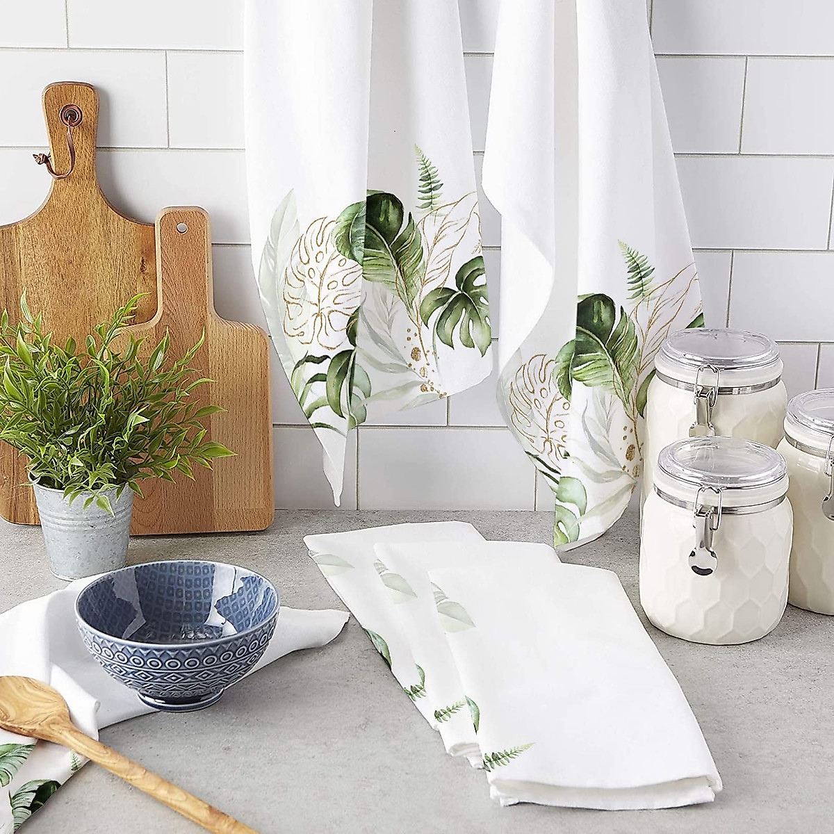 LOVE HOME DAY Kitchen Towel Set of 3, Watercolor Tropical Palm Tree Leaf Hand Towels Absorbent Microfiber Dish Cloth Gold Lines Leaves Boho Plant Washable Tea Bar Dishcloth Cleaning Cloths