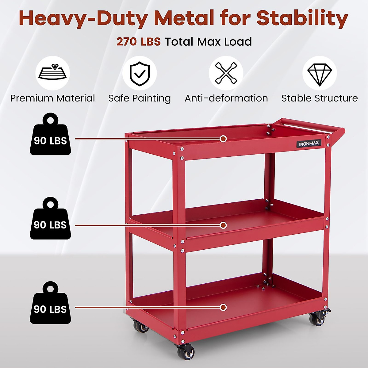 IRONMAX 3 Tier Utility Cart, Heavy Duty Steel Push Service Cart with Lockable 360 Degree Casters, 3 Shelf Tool Cart on Wheels for Garage Office Workshop Warehouse Kitchen (Red)