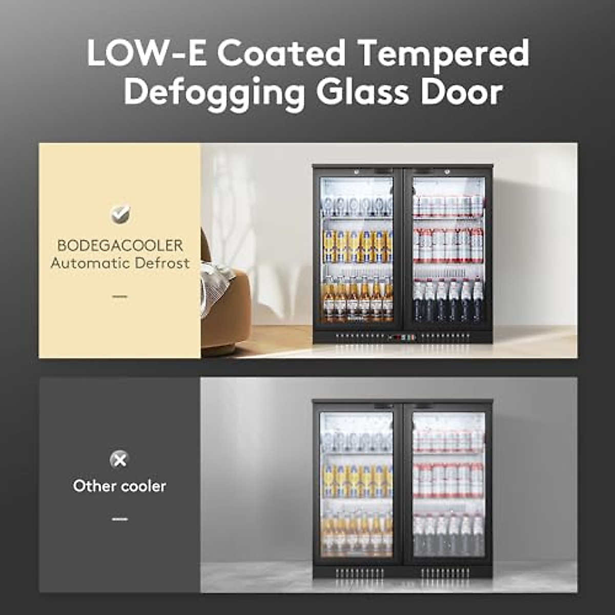 BODEGACOOLER Back Bar Cooler With 2 Glass Doors,Commercial Bar Cooler Under Counter7.4Cu.Ft,Back Bar Fridge, Beverage Bar Refrigerator with LED Lighting for Display Beverage,for Beer,Soda Drinks,Wine