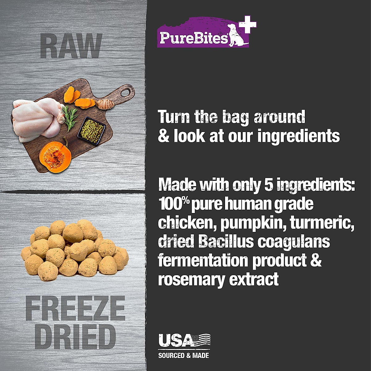 PureBites+ Gut & Digestion Freeze Dried Dog Treats, 5 Ingredients, Made in USA, 3oz