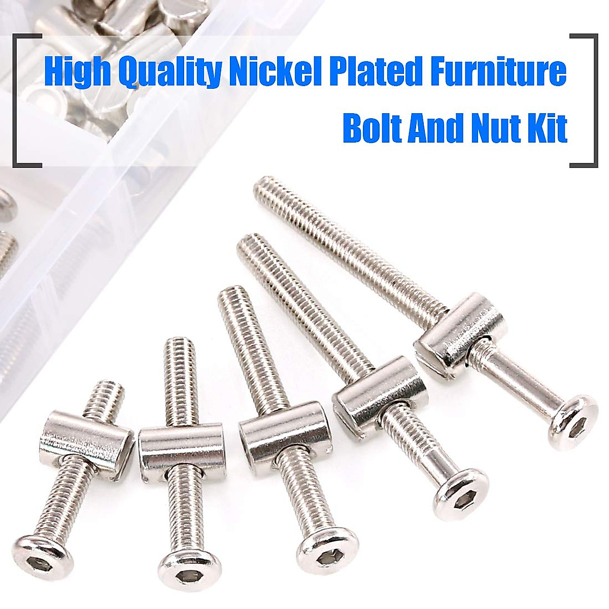 Glarks 100Pcs M6 x 35/45/55/65/75mm Hex Drive Socket Cap Furniture Barrel Screws Bolt Nuts Assortment Kit for Furniture, Cots, Babybeds, Crib, Chairs - Nickel Plated