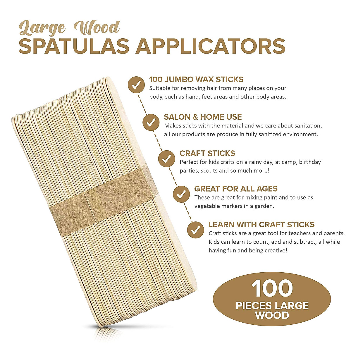 Rayson Wax Sticks 100 Pieces Large Wood Waxing Craft Sticks Spatulas Applicators for Hair Removal Eyebrow and Body
