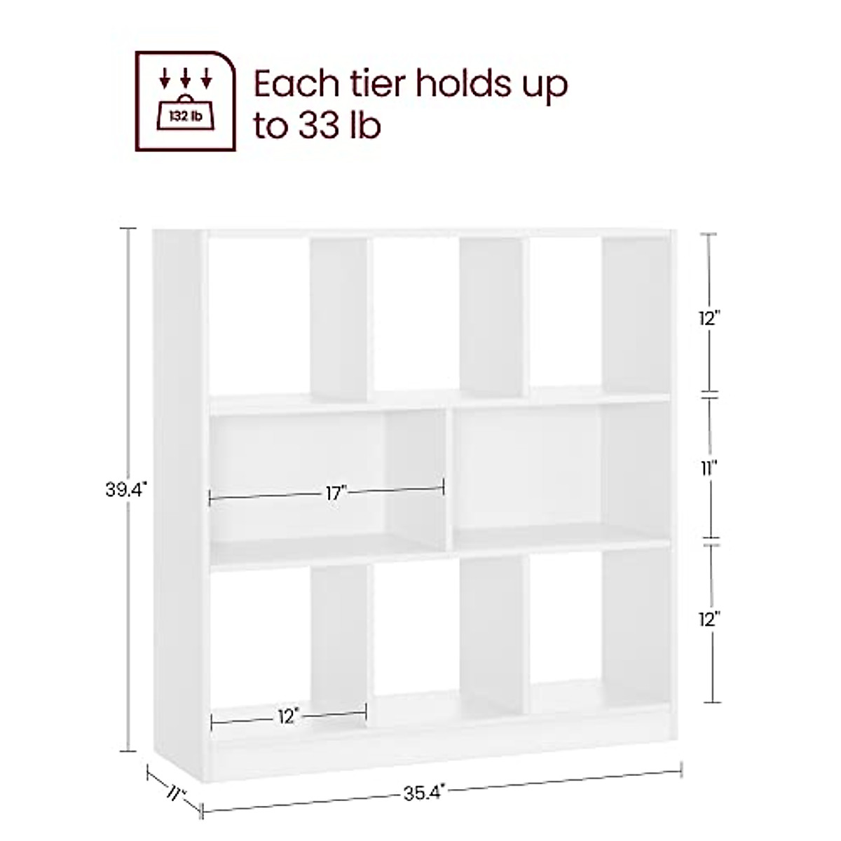 VASAGLE Bookcase, Bookshelf, Freestanding Storage Unit, 8 Open Compartments, Used Horizontally, Vertically, Upside Down, 11 x 35.4 x 39.4 Inches, for Living Room, Study, Office, White ULBC55WT