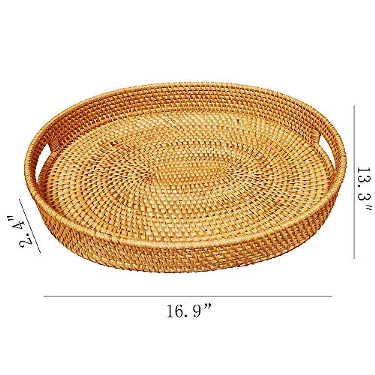 Oval Rattan X-Large Severing Tray for Fruit,Breakfast, Drinks,Food Storage Platters Plate Snack for Coffee Table, 17” Wicker Woven Serving Basket Ottoman Tray with Handles and 2.5”High Wall（XXL-43cm）