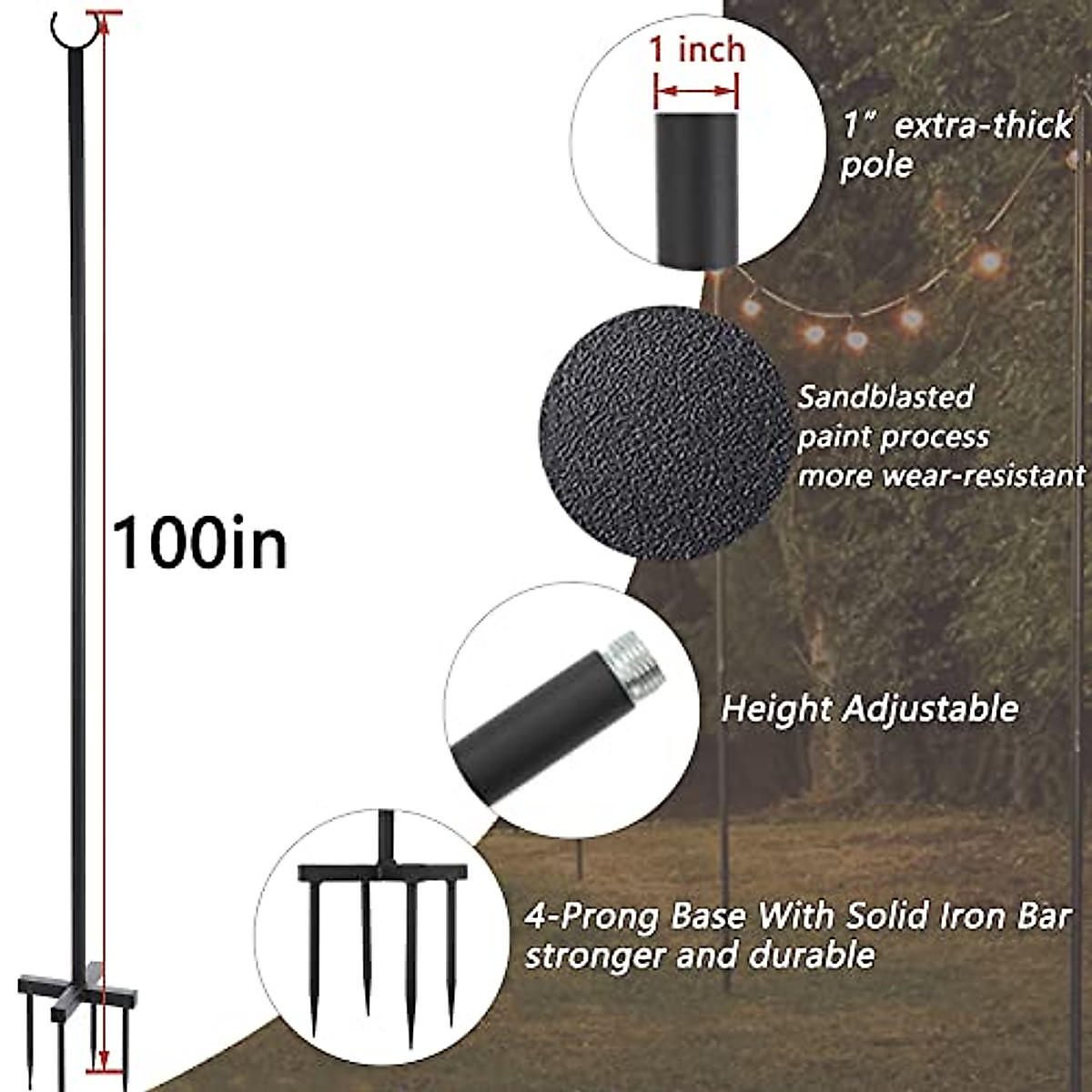 String Light Poles for Outdoor Lights 2 Pack,100 Inch Height Adjustable Metal Stand Pole with Hooks Hanging Lights，Garden, Backyard, Patio Lighting Parties, Wedding (Black)