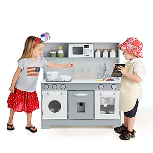 OLAKIDS Kids Kitchen Playset, Pretend Cooking Food Set for Toddlers with Real Light and Sound, Stove, Microwave, Sink, Water Dispenser, Large Storage Cabinet, Role Play Chefs Toy Gift for Boys Girls