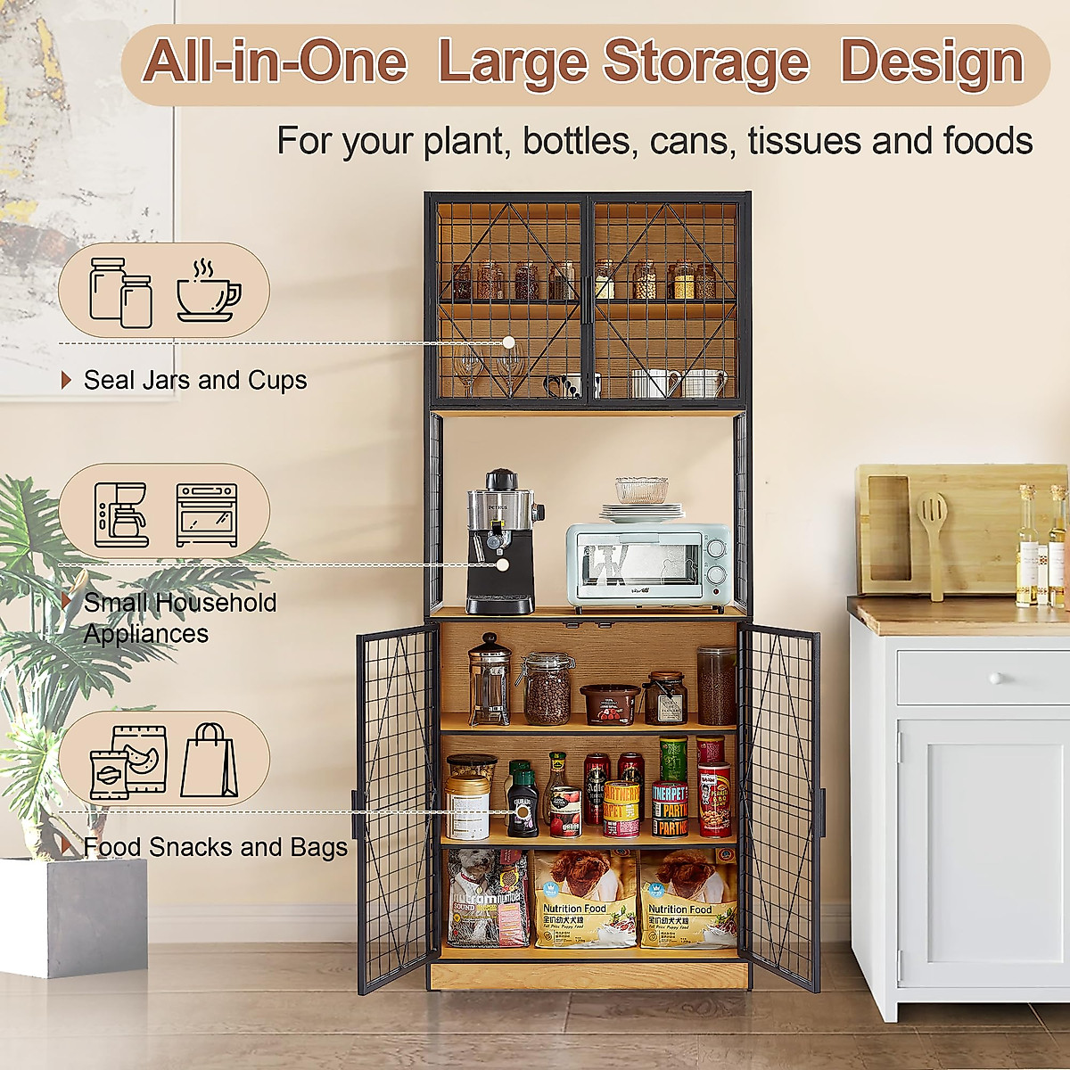 VECELO 72in Tall Kitchen Pantry Cabinet with Doors and Shelves, Large Freestanding Storage Cupboard with Countertop Hutch for, Oak