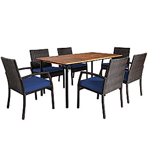 Tangkula 7 Pieces Patio Dining Set, Acacia Wood Wicker Dining Furniture Set with Sturdy Steel Frame & Umbrella Hole, Outdoor Dining Table Chair Set with Removable Cushions for Backyard, Garden