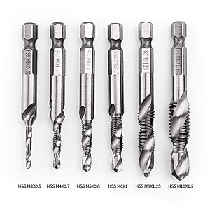 HUAZHICHUN 6Pcs Metric Drill Tap Set Hex Shank Combination Drill and Tap Bit Set HSS Screw Tap Deburr Drill Bits M3-M10